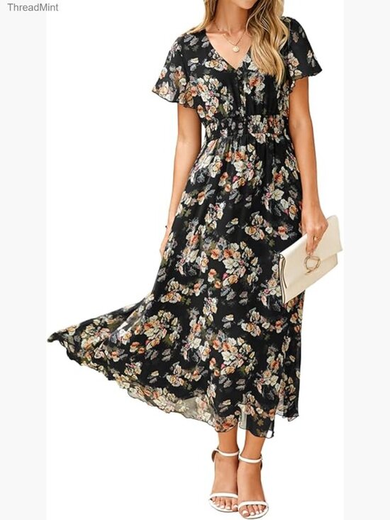 Dresses | Womens Floral Maxi Dress Short Sleeve Boho Wedding Guest ...